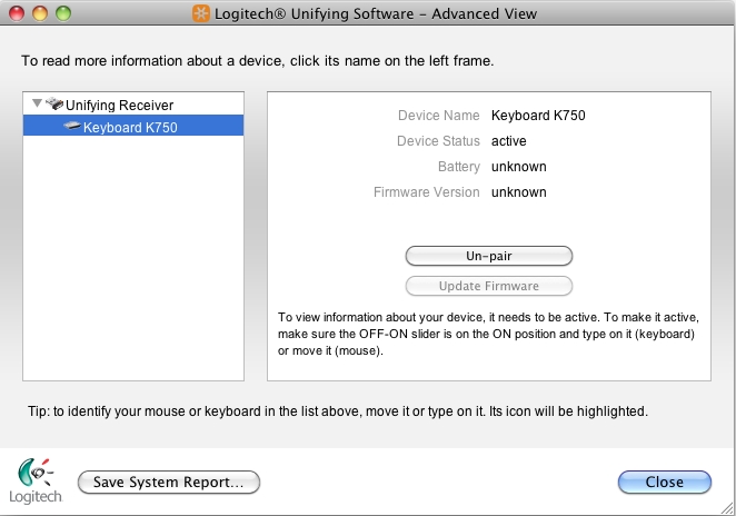 K750 keyboard for Mac battery unknown in Logitech Unifying Software ...